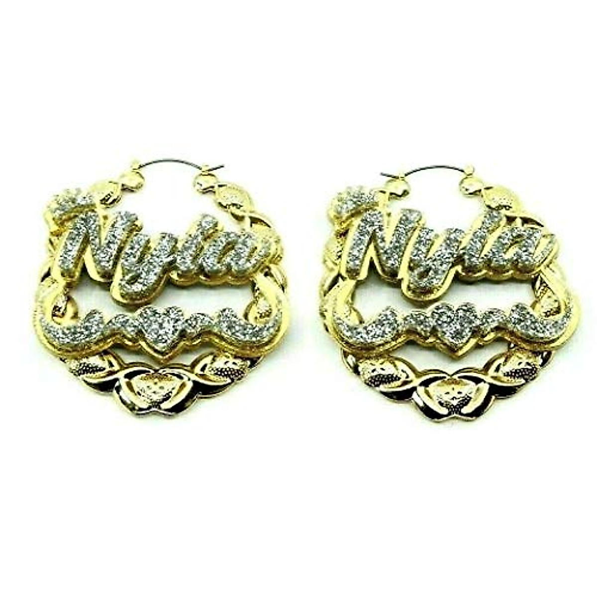 Personalized Custom Gold Hoop XOXO Earrings Name Plate Laser Cut Design Stunning Look - Quality, Attractive Gold Hoop Earrings With Swirls Heart and Crown on Top, Made To Order - 2.5 INCHES size