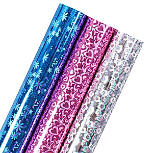 LeZakaa Holographic Foil Wrapping Paper - Mini Roll - Pink Heart/Blue and Silver Flower Design for Birthday, Wedding, Bridal Shower - 17 x 120 inches - 3 Rolls (42.5 sq.ft.ttl.)