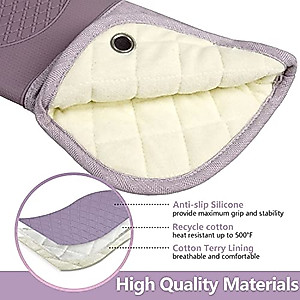 Professional microwave silicone oven mitts Yarn-dyed 1 pair and Kitchen Towels 2 pcs, kitchen lines set for heat resistant with 500 degrees, kitchen gloves pot holder for BBQ cooking baking (Purple)