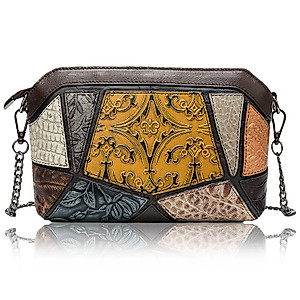 Womens Vintage Patchwork Genuine Leather Shoulder Bag, Ladies Colorful Embossed Cell Phone Crossbody Purse with Chain Strap