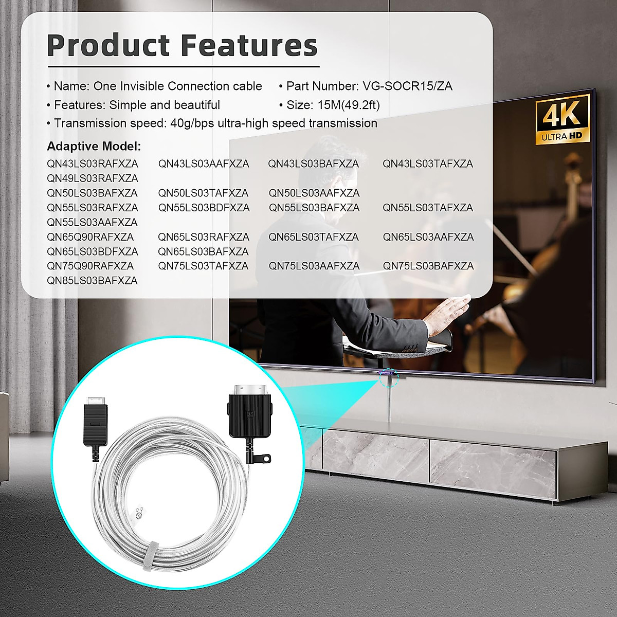 New 15m One Invisible Connection Cable VG-SOCR15/ZA Applicable for Samsung QLED 4K/The Frame TV Only, Compatible with QN75Q90RAFXZA QN65Q90RAFXZA QN65LS03RAFXZA QN55LS03RAFXZA QN55LS03BDFXZA