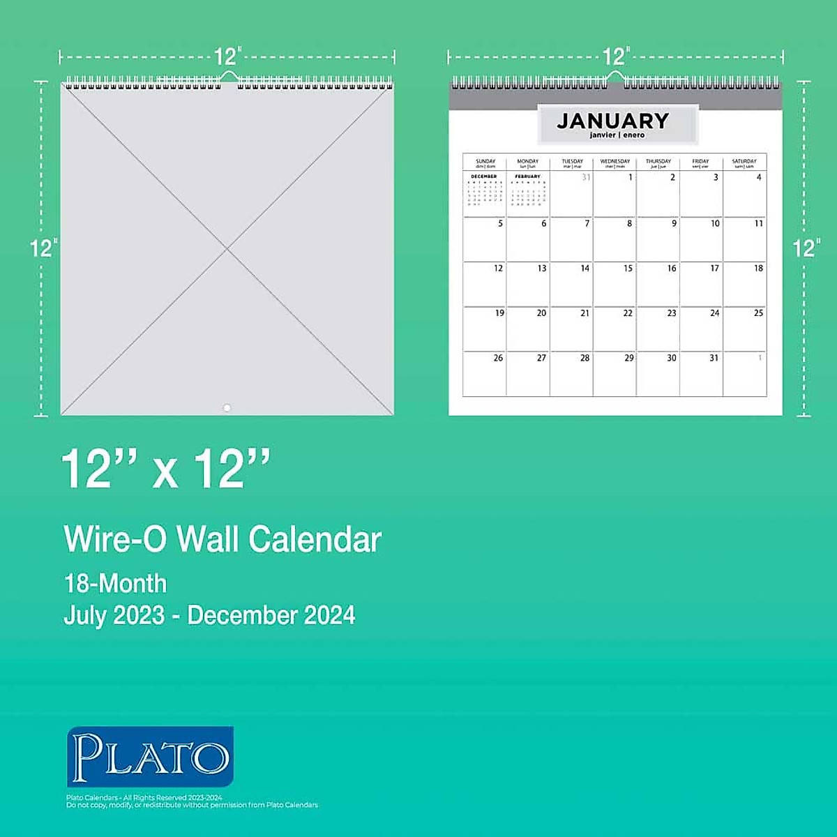 Bonnie Marcus | 2024 12 x 12 Inch 18 Months Monthly Square Wire-O Calendar | Sticker Sheet | July 2023 - December 2024 | Plato | Fashion Designer Stationery