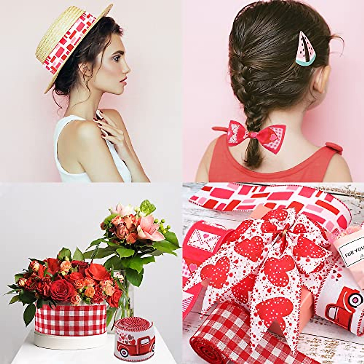 6 Rolls Heart Wired Ribbon 2.5" Valentine's Day Burlap Ribbon Buffalo Plaid Red Pink Heart Truck Love Letter Ribbon for Gift Wrapping Home Wedding Anniversary Decor Bows Wreath Craft, 30 Yards