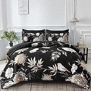 Black Floral Comforter Set Queen Size 7 Pieces Bed in a Bag, Flower and Birds Printed on Black Bedding Set Botanical Pattern Comforter and Sheet Set,Soft Microfiber Complete Bedding for All Season