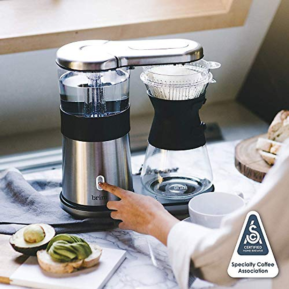 brim 8 Cup Pour Over Coffee Maker Kit, Simply Make Rich, Full-Bodied Coffee Every Time, Set Includes Glass Carafe, SCA Measuring Scoop, Silicone Sleeve, and Healthy-Eco Reusable Filter, Stainless Steel