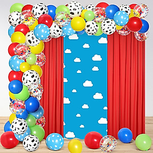 SmoothNovelty 116 Pcs Story Party Decorations Kit Includes 1 Blue Sky White Clouds Backdrop 2 Panels Chiffon Backdrop Curtain 110 Balloons with 3 Roll Accessories for Boys Girls Birthday Baby Shower