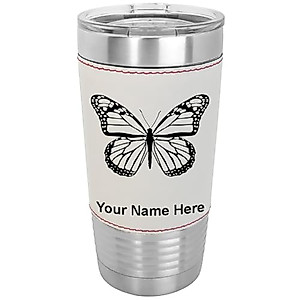 LaserGram 20oz Vacuum Insulated Tumbler Mug, Monarch Butterfly, Personalized Engraving Included (Faux Leather, Baseball Style)