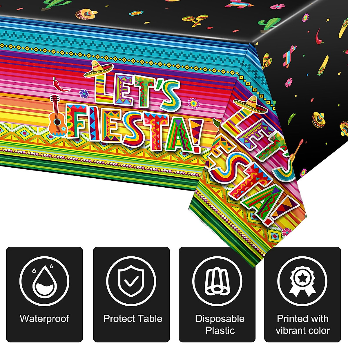 3 Pieces Fiesta Theme Party Tablecloth, Cinco De Mayo Party Table Covers Mexican Serape Table Runner Cloth Fiesta Birthday Party Supplies for Mexican Fiesta Party Wedding Decoration, 108 x 54 Inch