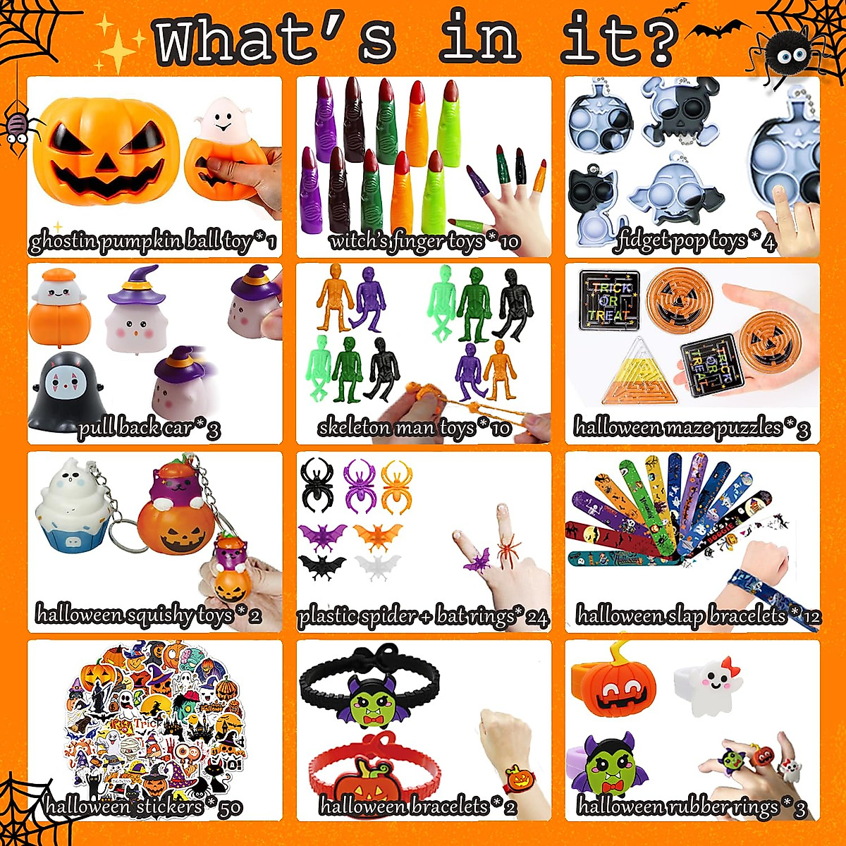 SQZUWIT 250Pcs Halloween Party Favors Bulk Toys Assortment for Kids, Teens Halloween Goodie Treat Bags Fillers, Pinatas Stuffers, Classroom Prizes, Treasure Box Toys