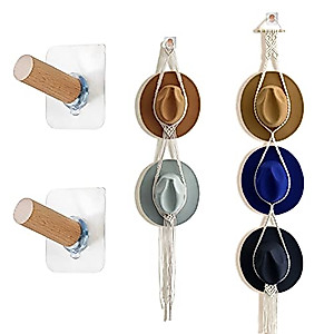 Macrame Hat Hangers for Wall with Adhensive Wooden Hook, Handmade Decorative Boho Hat Organizer Bohemian Macrame Cap Holder Set for Display for Beach Hat Sun Hat for Wide Brim Caps (3 holes & 2 holes)