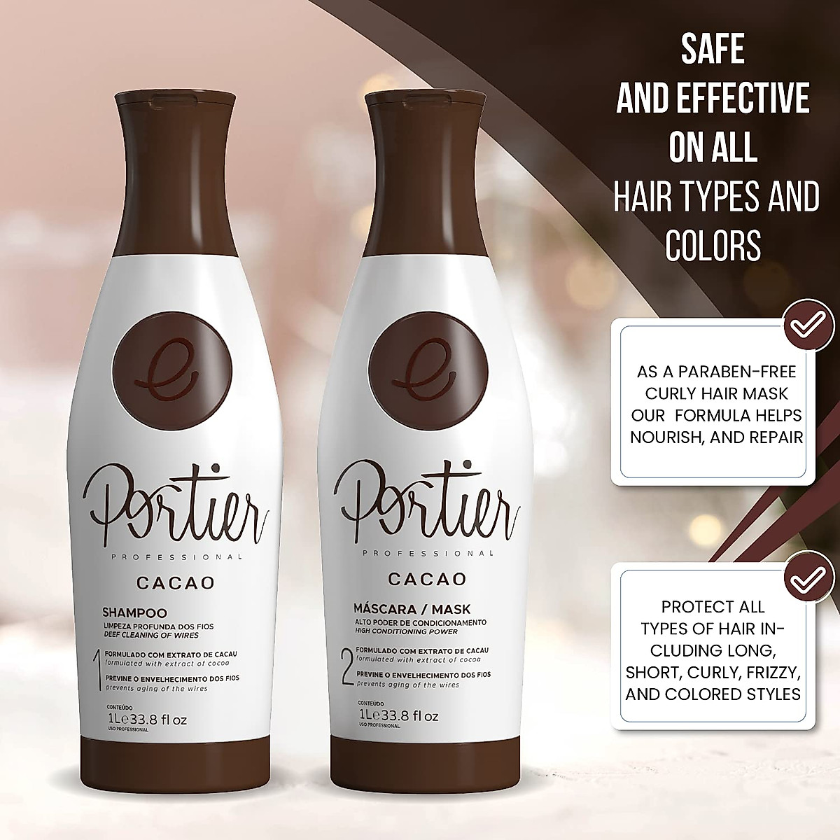 Portier Cacao Shampoo and Brazilian Hair Mask for Dry, Damaged Hair, Advanced 2-Step Treatment, Smoothing and Moisturizing Haircare for Curly, Color Treated, or Frizzy Hair. Each Bottle is 34fl.oz/1L