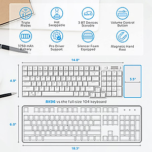 RK ROYAL KLUDGE RK96 90% Triple Mode BT5.0/2.4G/USB-C Hot Swappable Mechanical Keyboard with Magnetic Wrist Rest, 96 Keys Wireless Gaming Keyboard with Software, Blue Backlight