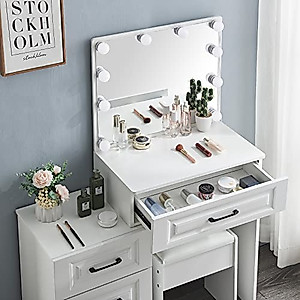 Kkonetoy Makeup Vanity Desk with Lighted Mirror, Dressing Table Set with Stool and Drawers, White, 47" H x 31.5" W x 14.2" W