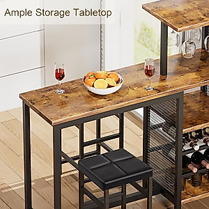 VECELO Bar Table and Chairs Set for 2, 3-Piece Dining Set with Storage Shelves, Cup Holder & Wine Rack, PU Leather Cushion Stools, for Kitchen Small Space, Brown