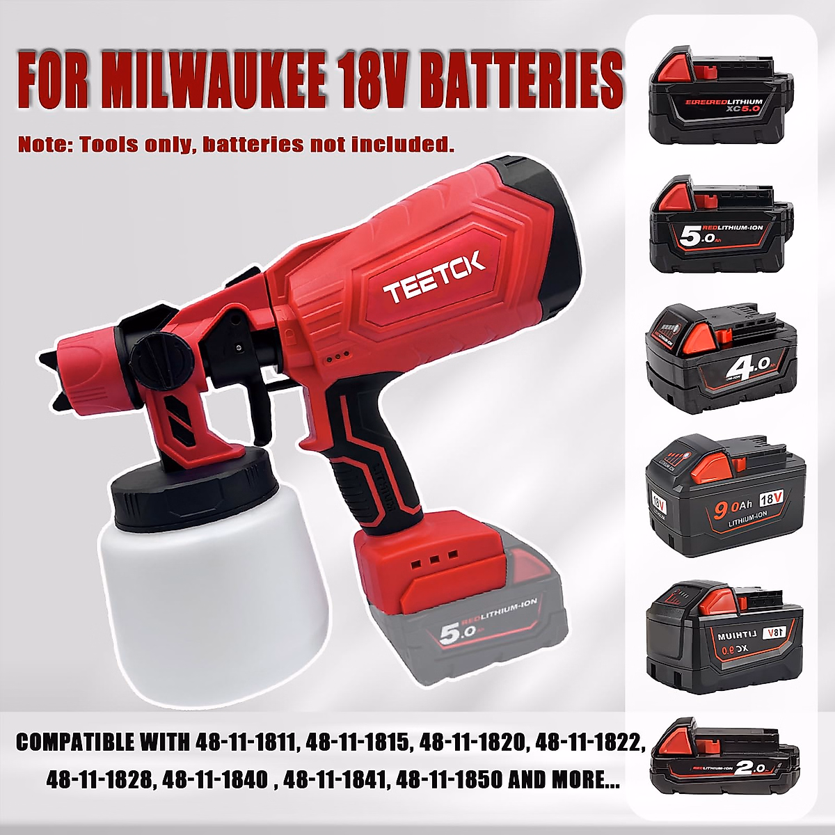 Cordless Paint Sprayer for Milwaukee 18V Battery, TEETOK HVLP Paint Sprayer with 2 Nozzles & 3 Patterns, for Painting Walls, Furniture, Gardens, Fences (Battery not Included)