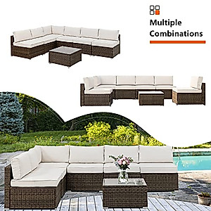 HOMPUS 7-Piece Outdoor Handwoven PE Rattan Wicker L-Shaped Corner Conversation Set Furniture Brown Patio Sectional Sofa Set w Beige Seat Cushions, Glass Coffee Table for Garden,Yard,Pool