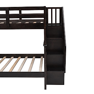 Harper & Bright Designs Full Over Full Bunk Bed with Stairs, Solid Wood Bunk Bed with Storage and Guardrail for Kids Teens Adults (Espresso)