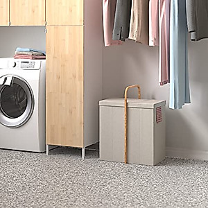 ClosetMaid Laundry Hamper Basket, Foldable with Lid, Two Compartments, Bamboo Handle, Portable, Collapsible Design, Freestanding, Beige