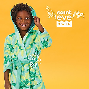 Saint Eve Kids Swim Coverup with Hood - Boys & Girls Soft Robe with Pockets and Waist Tie - Absorbent Terry Cloth - Green Turtle - Medium