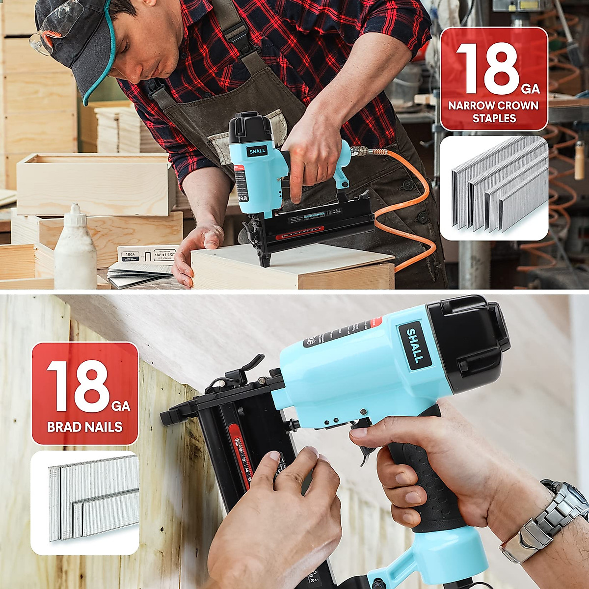 SHALL 3600 Counts 18 Gauge Narrow Crown Staples & Brad Nails, Heavy Duty Galvanized 1/4" Narrow Crown Staples (3/4" 1" 1-1/4" 1-1/2"), Brad Nails (1" 2"), for Pneumatic, Electric Stapler/Brad Nailer