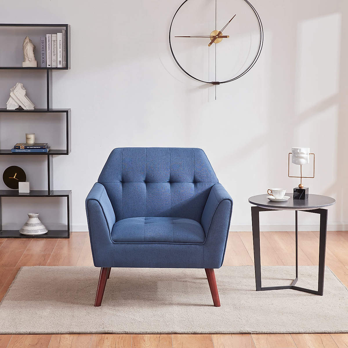 Kingfun Accent Chairs for Bedroom, Midcentury Modern Living Room Accent Arm Chair, Linen Fabric Comfy Reading Chair, Tufted Sofa Chair, Blue