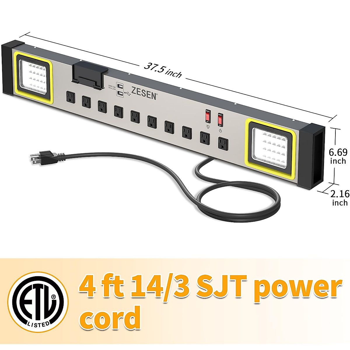ZESEN 10-Outlet Power Strip with LED Worklight Surge Protector 4ft Cord with Dual Smart USB, Workshop/Garage/Office/Home, ETL Listed