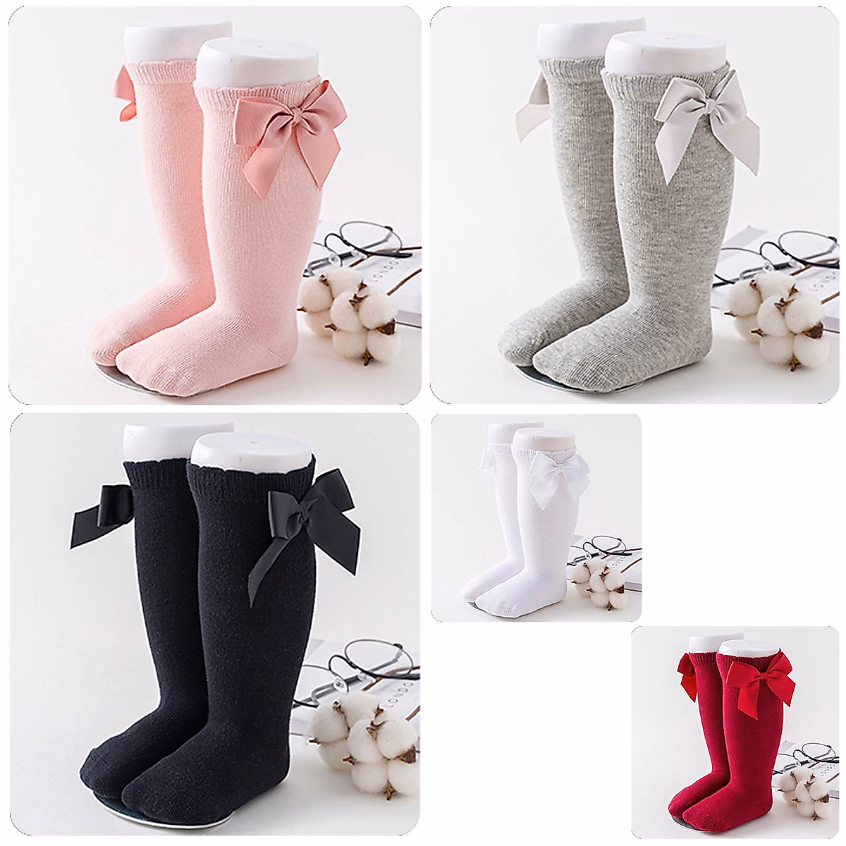 Yeshore Baby Girls Knee High Socks Bow Tube Ruffled Knit Cotton Long Stockings for Infants and Toddlers 5 Pairs (as1, age, 0_month, 12_months, White,Black,Grey,Wine Red,Pink)