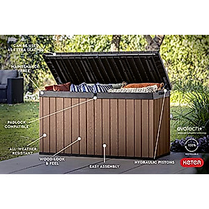 Keter Darwin 150 Gallon Resin Large Deck Box - Organization and Storage for Patio Furniture, Outdoor Cushions, Garden Tools and Pool Toys, Brown & Black