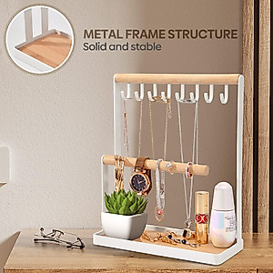 Portin Jewelry Organizer Display Stand Holder with Wooden Ring Tray and Hooks Storage Necklaces Bracelets, Rings, Watches Metal Desk Organizer Stand