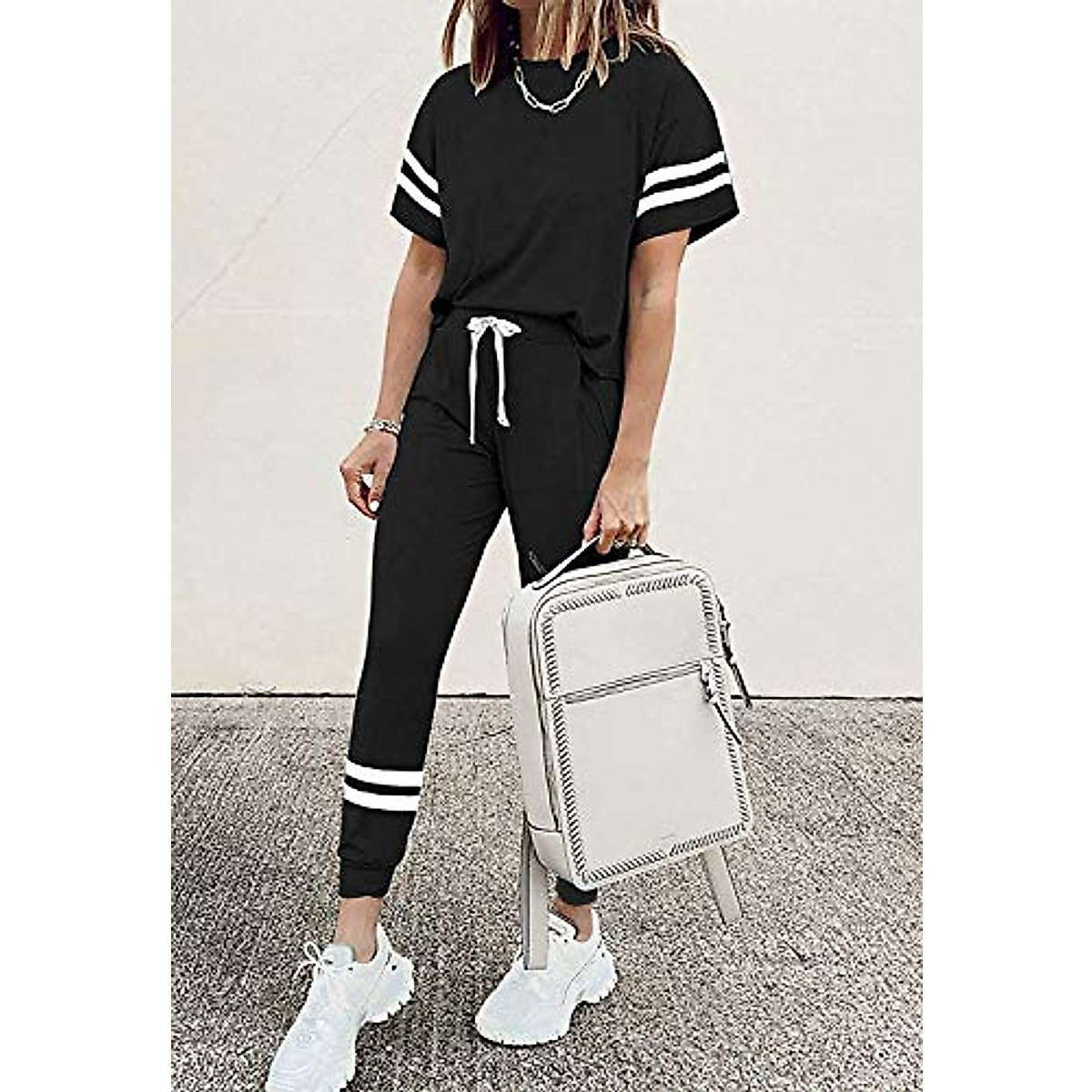 PRETTYGARDEN Women’s Summer Two Piece Outfits Striped Short Sleeve Pullover and Long Pants Tracksuit Pajama Lounge Jogging Set With Pockets (Black, Large)