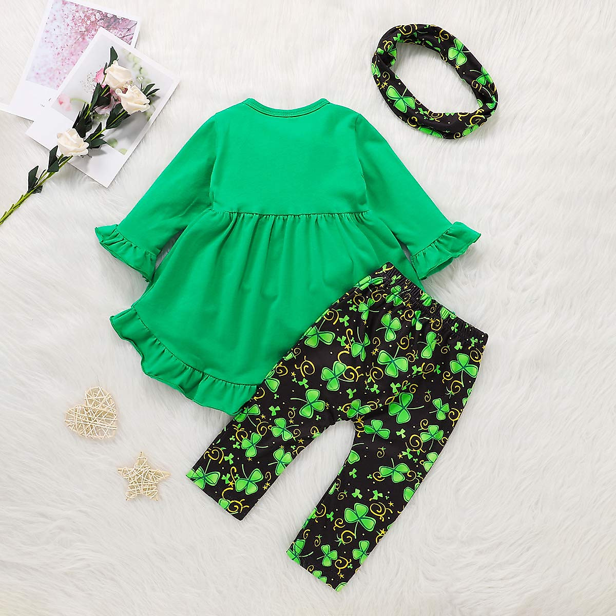 St. Patrick's Day Toddler Girl Outfit Long Sleeves Top+Clovers Pants+Scarf Toddler Girl St Patrick's Day Clothes (Dark Green, 5-6T)