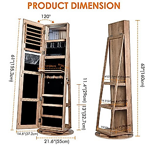 Vlsrka LED Light Jewelry Cabinet with Full Length Mirror 360° Swivel, Large Jewelry Organizer Armoire Lockable Free Standing Mirror with Jewelry Storage, Inside Makeup Mirror, Foldable Makeup Shelf