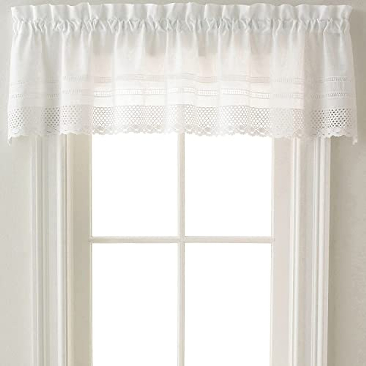 CHF & You White Crochet Cafe Kitchen Curtain Window Valance, Rod Pocket, 58W x 14L inch, 1 Valance
