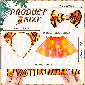 Retisee 4 Pcs Tiger Costume Set Includes Tiger Ears Headband, Tiger Tail, LED Orange Tutu Skirt and Bow Tie for Kids Halloween Cosplay Glow in the Dark Animal Fancy Costume Party