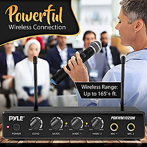 Pyle Wireless Karaoke Microphone System - Portable Audio Sound Mixer Receiver Set w/Dual Mic Setting, Two Handheld Mics, 3.5mm AUX & RCA Cord - for DJ Sound, Home Party, & Theater - PDKWM102UM