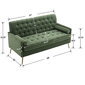 60” Couch Sofa,Mid Century Modern Upholstered Loveseat Sofa Tufted Small Sofa Love Seat Couch Track Armrest with 2 Bolster Pillows for Small Space Living Room Bedroom Apartment, Green Chenille