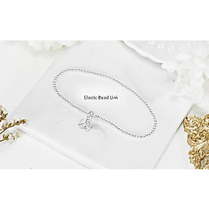 AeraVida Always Stylish and Vintage Inspired Sterling Silver Peace Sign or Symbol Beaded Elastic Stretch Fit Bracelet | Unisex Bracelets| Peace Sign Bracelet | 10mm Bracelets