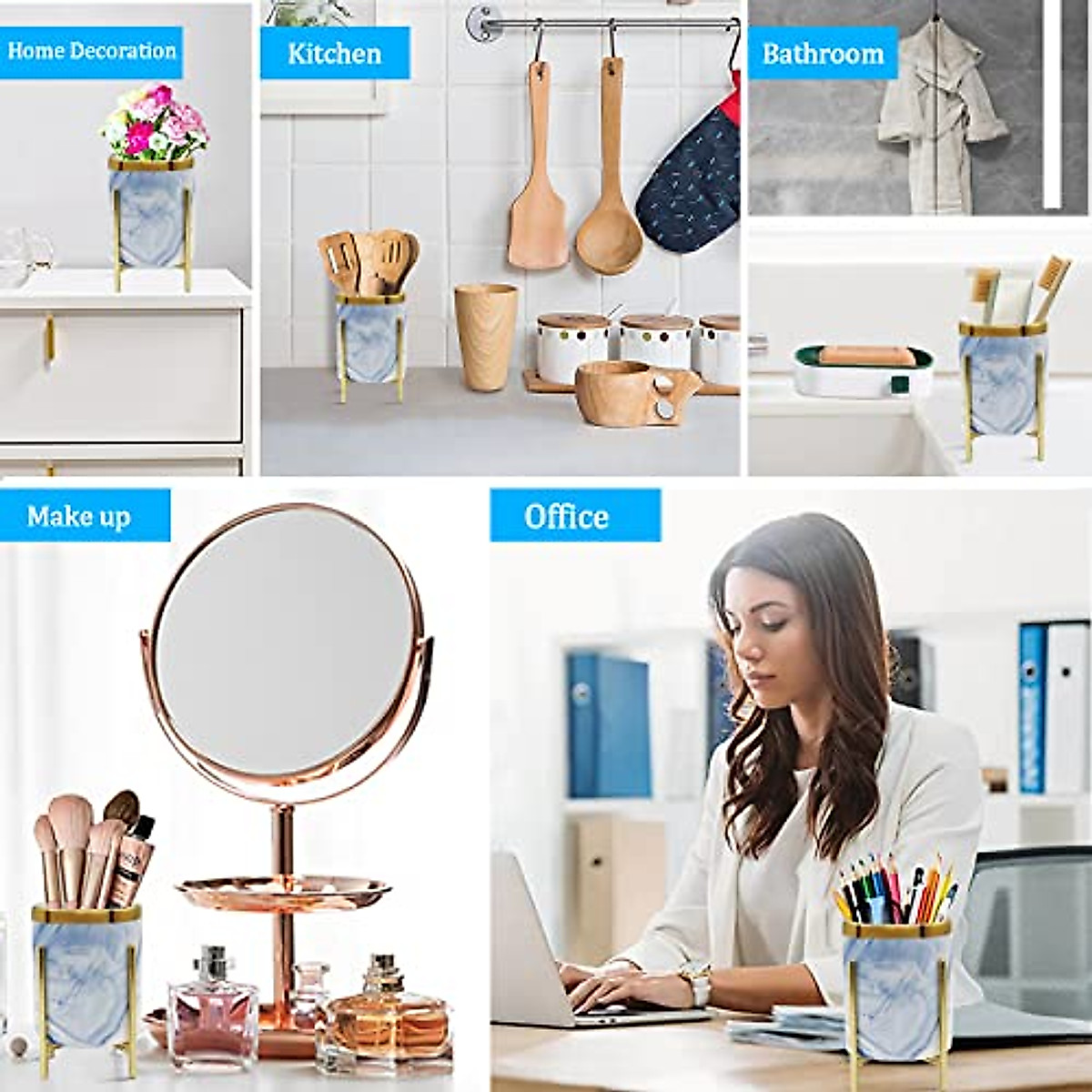 Rotating Marble Utensil Holder for Kitchen Countertop, Spoon Holder for Dining Table, Marble Ceramics with Durable Metal Frame 3.15 * 4.7 inch Blue and Gold 2 PCS