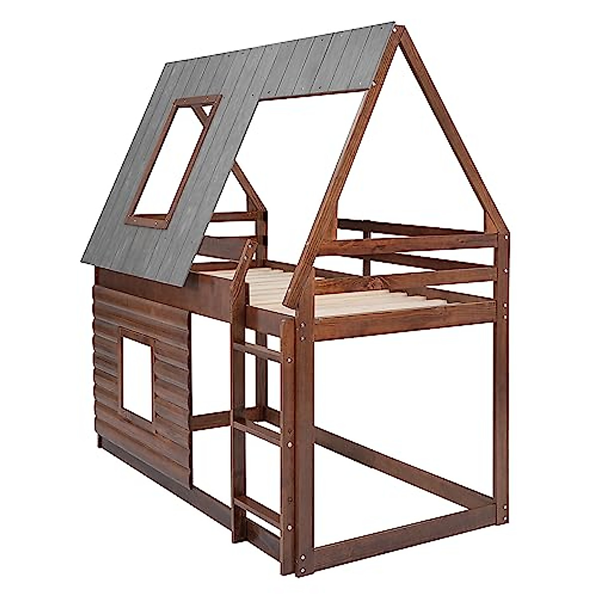 Merax Twin Over Twin Bunk Bed Wood Frame with Roof, Ladder and 2 Windows for Kids Teens Girls Boys，Oak & Smoky Grey
