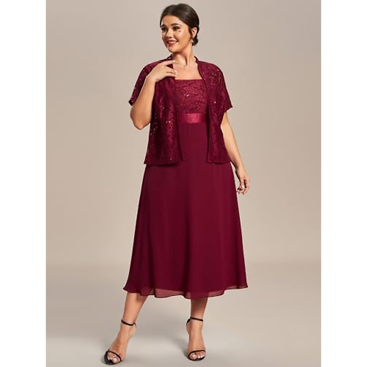 Ever-Pretty Plus Women's Curve Square Neck Lace Cardigan Chiffon Knee Length Plus Size Evening Dress Burgundy US22