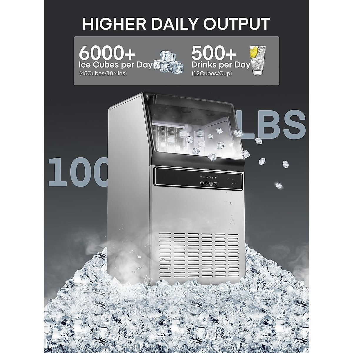 100lbs Commercial Ice Maker Machine per Day, Stainless Steel Housing Under Counter Ice Machine with 33lbs Storage Capacity, Freestanding Ice Maker, Ideal for Restaurant, Bars, Home Offices, FOHERE