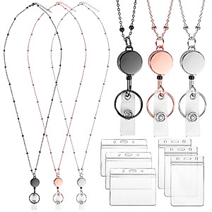 Lanyards for Id Badges, 3 Pack Badge Lanyard with 6 Pcs Badge Holder, Retractable Badge lanyards Id Holders for Girl Women Men (Black, Silver, Rose Gold)