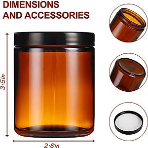24 Pack 8 oz Amber Glass Jars with lids, Cosmetic Jars with Inner Liners and Black Lids, Lotion Jars, Candle Making Jars for Lotions, Scrubs and Cosmetic, Lables and Spatulas Include