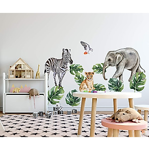Murwall Kids Wall Decal Peel and Stick Safari Animal Wall Decals Cute African Animals Set Wall Sticker Zebra Giraffe Elephant Lion Leaves Sticker Kids Room Childroom