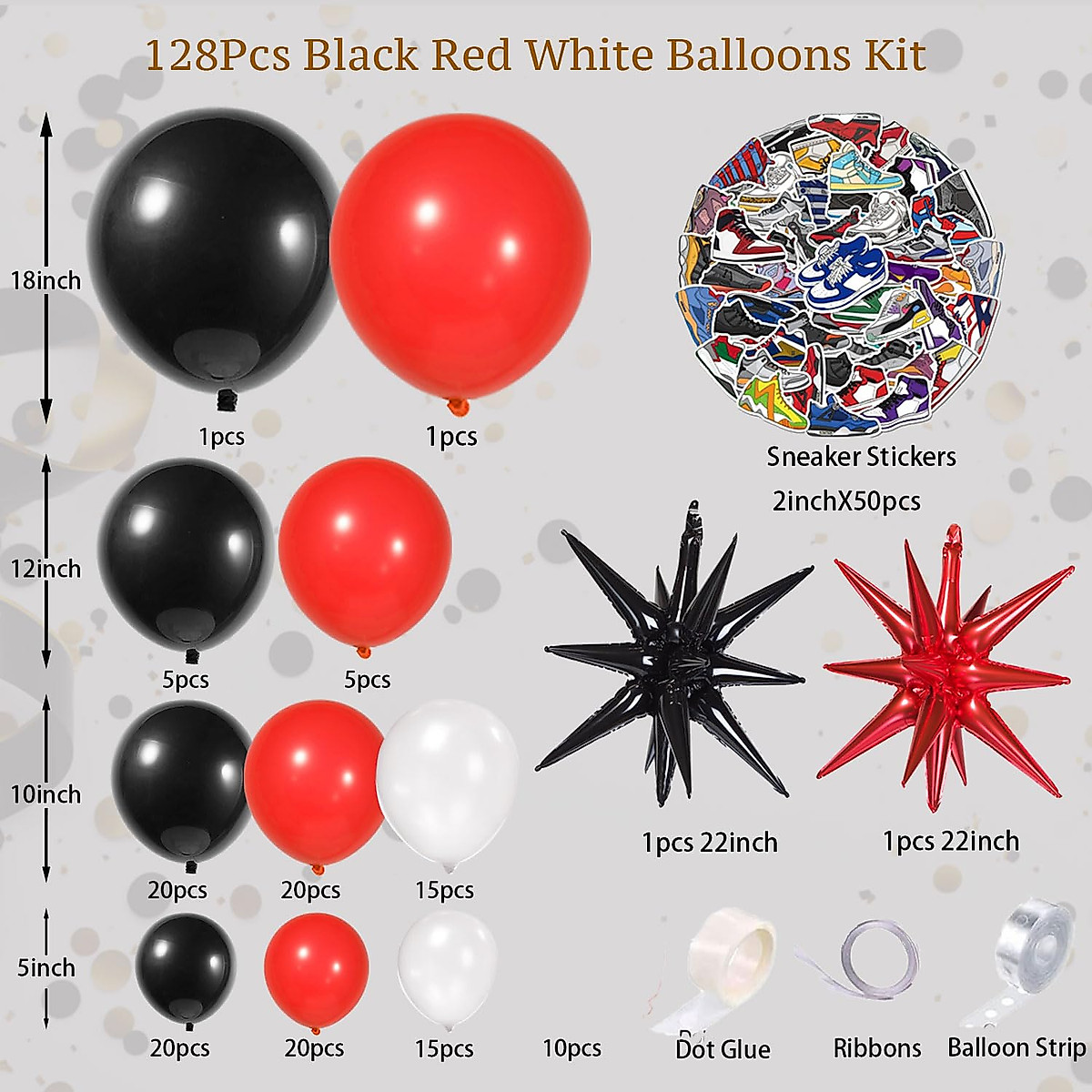 Red and Black White Balloon Garland Set 128 Pcs Red Balloons Sneaker Stickers for Ladybug Birthday Party Decorations，Graduation，Sports, Soccer,Hollywood Themed Celebrations