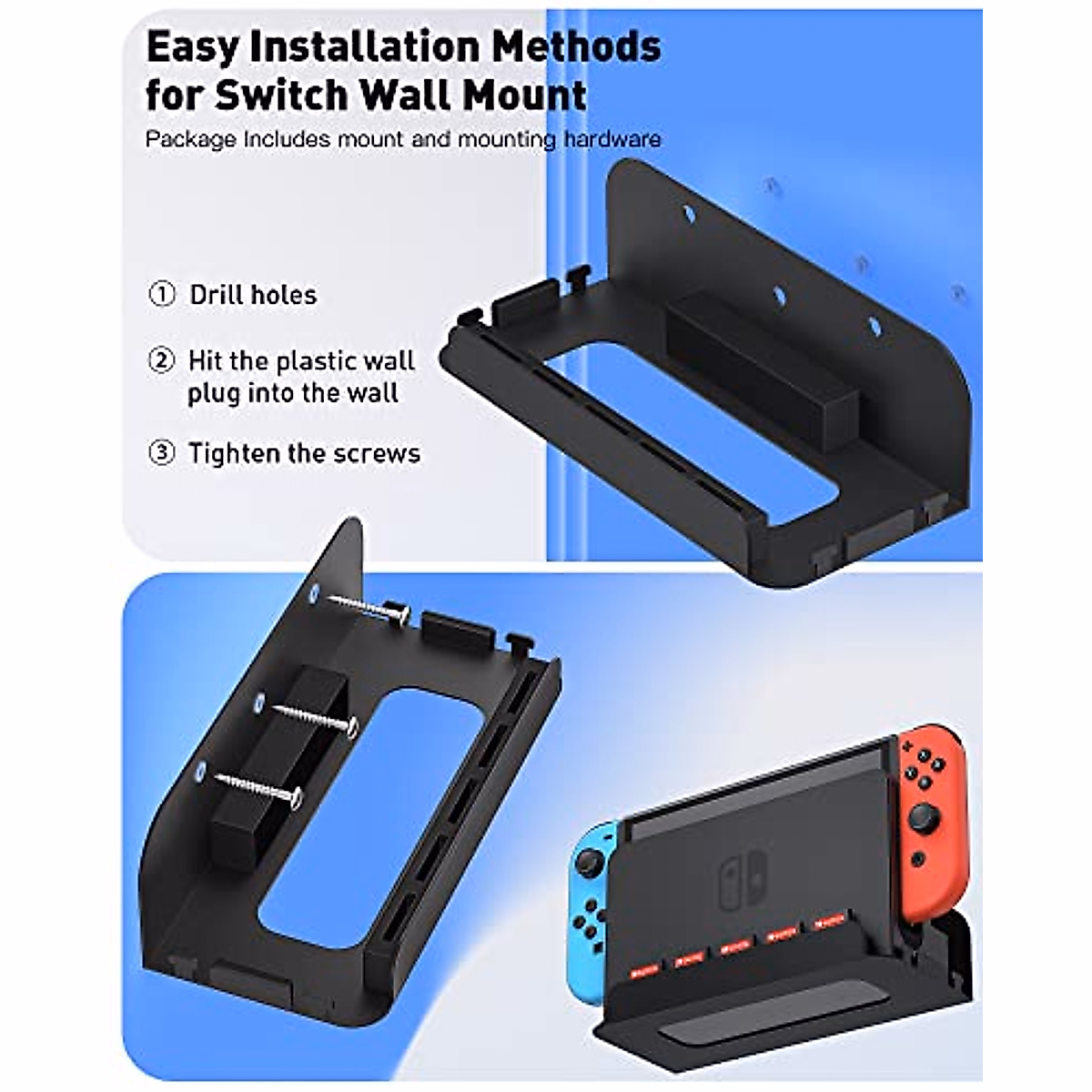 ZAONOOL Wall Mount for Nintendo Switch and Switch OLED, Wall Mount Kit Shelf Stand Accessories with 5 Game Card Holders and 4 Joy Con Hanger, Safely Store Your Switch Console Near or Behind TV (Black)
