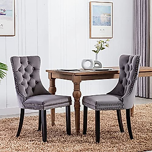 Virabit Tufted Dining Chairs Set of 4, Velvet Upholstered Dining Chairs with Nailhead Back and Ring Pull Trim, Solid Wood Dining Chairs for Kitchen/Bedroom/Dining Room (Grey)