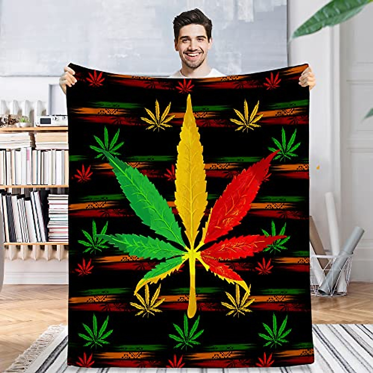 Qnyko Flannel Fleece Throw Blanket 50"×60", Premium Microfiber Warm Cozy Soft Blanket, Lightweight Fuzzy Fluffy Plush Blanket for Travel Bed Car Sofa (Weed Gold)