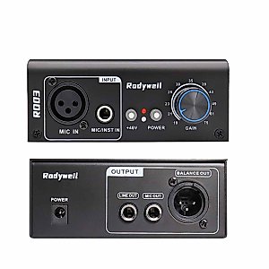 Rodyweil Microphone Preamp Mic Gain Booster with 2 Input Max 75db Gain 48V Phantom Power for Dynamic and Condenser Mic