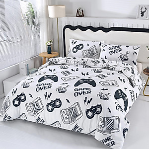 SDIII 3PCS White Gamer Comforter Set Full for Boys Girls Teens and Kids, Microfiber Full Size Comforter for Boys, Gaming Boys Comforter Set Full Size